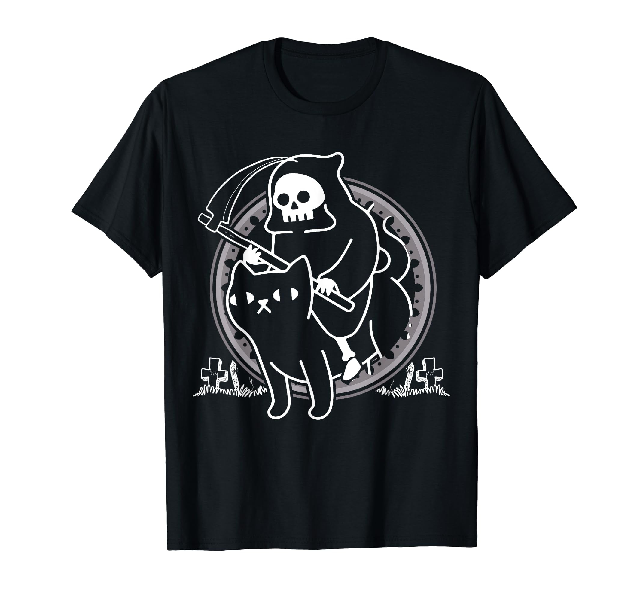Grim Reaper Scythe Riding Death Cat Paranormal Graveyard T-Shirt ...