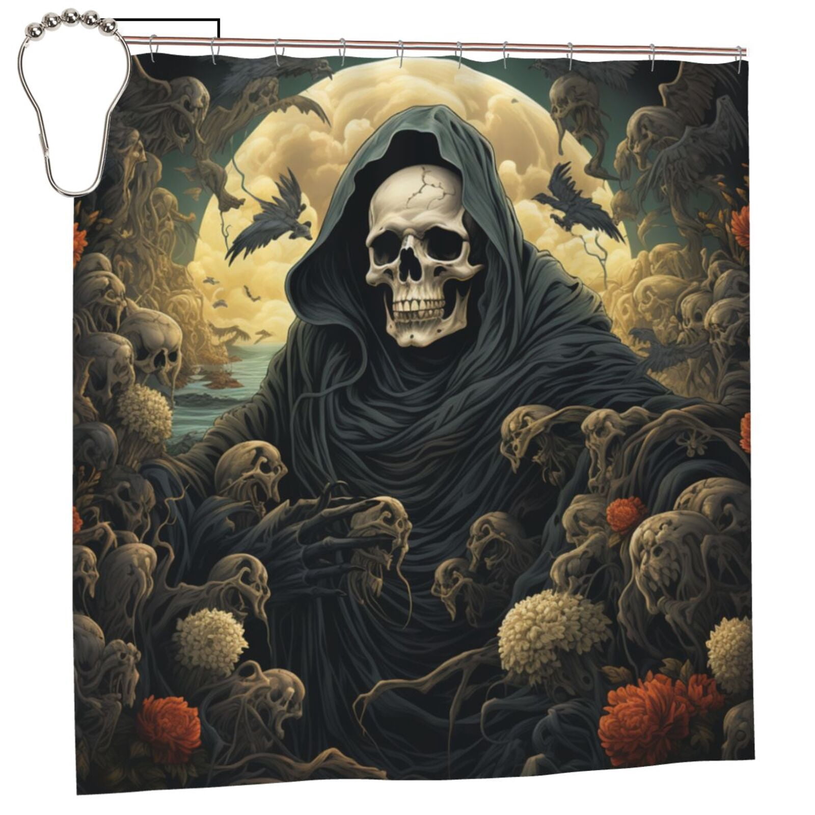 Grim Reaper Skeleton Skull Art Shower Curtain with 12 Iron Hooks ...