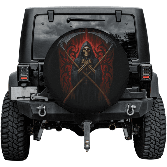 Grim Reaper Spare Tire Cover - Skull & Scythe Design with Red Tribal ...