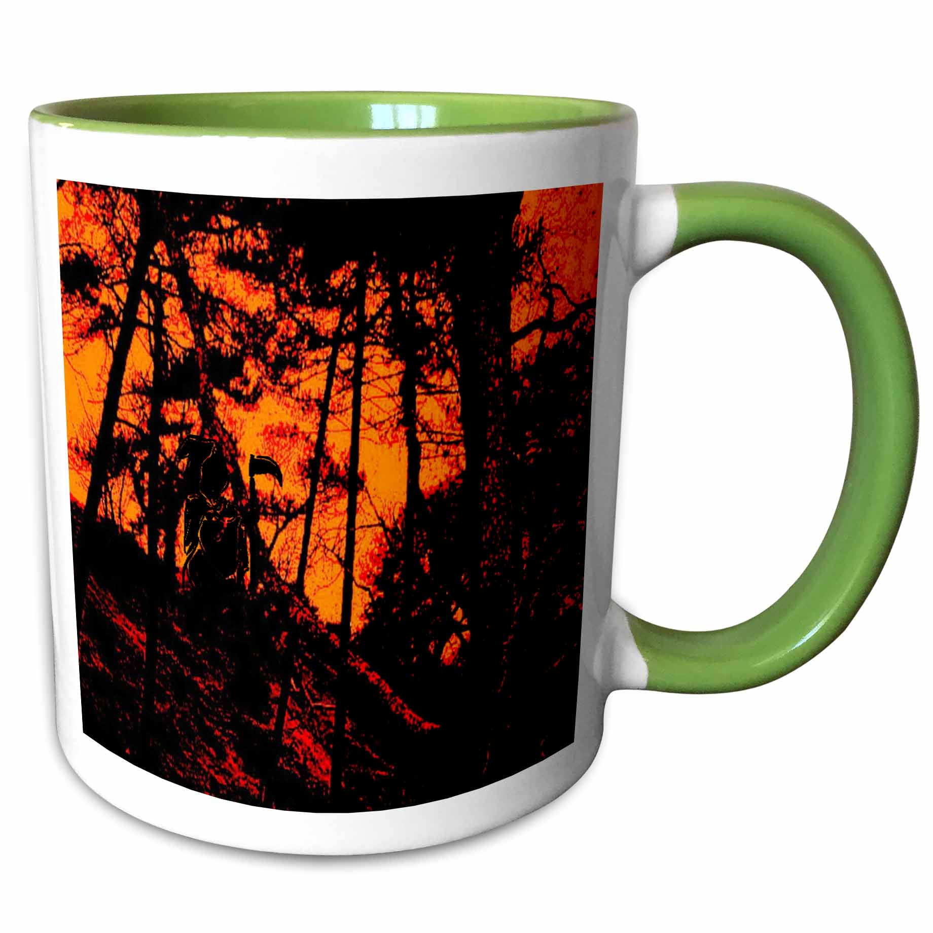 Grim Reaper Standing in a Scary Orange Lit Forest 11oz Two-Tone Green ...