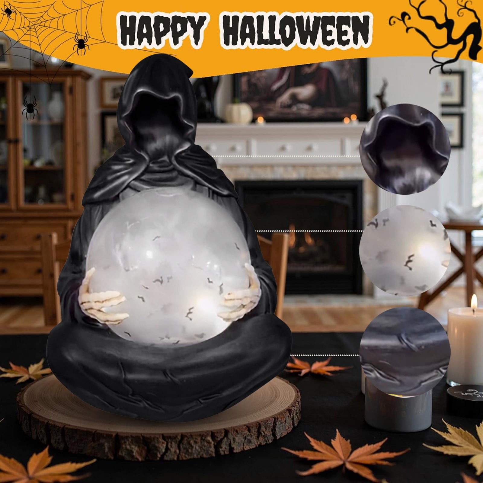 Grim Reaper Statue with Flying Bats Crystal Ball, Halloween Decor Grim ...