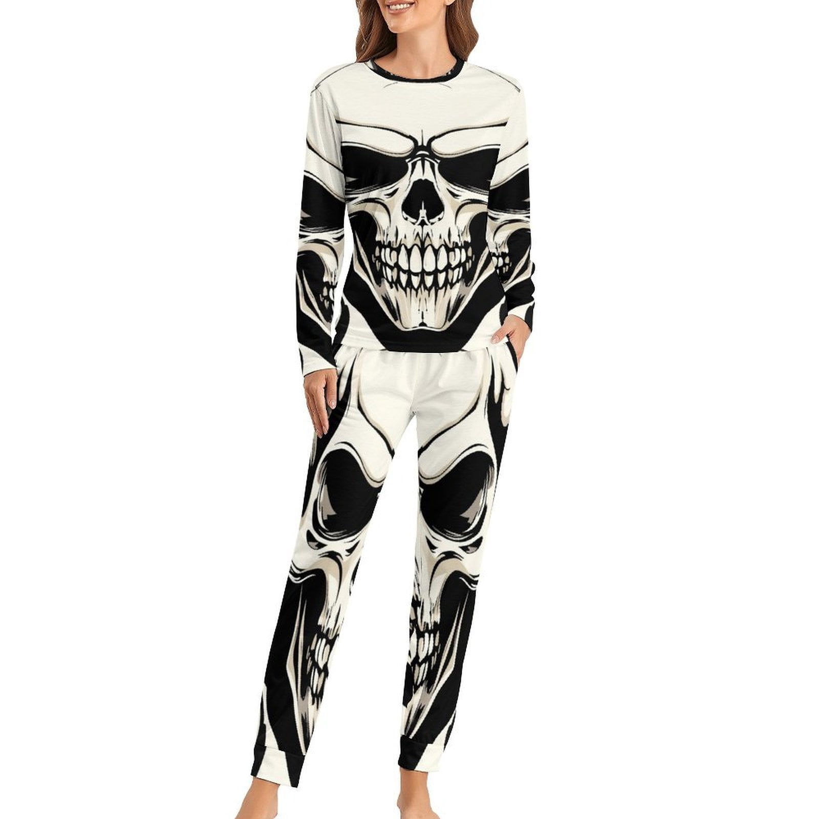 Grim Skull Graphic Design Pajamas 2 Pieces Pajama Sets Woman Long ...