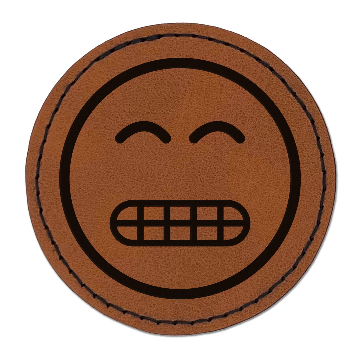 Grimace Face Sheepish Emoticon 2.5" Faux Leather Round Engraved Iron-On ...