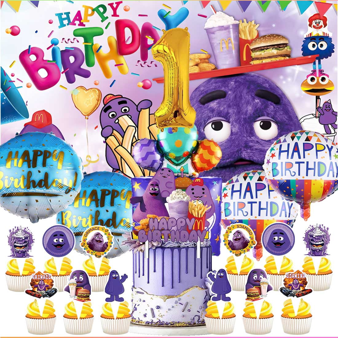 Grimace Party Supplies Decor 1st Kit Balloons Birthday Cake Topper ...