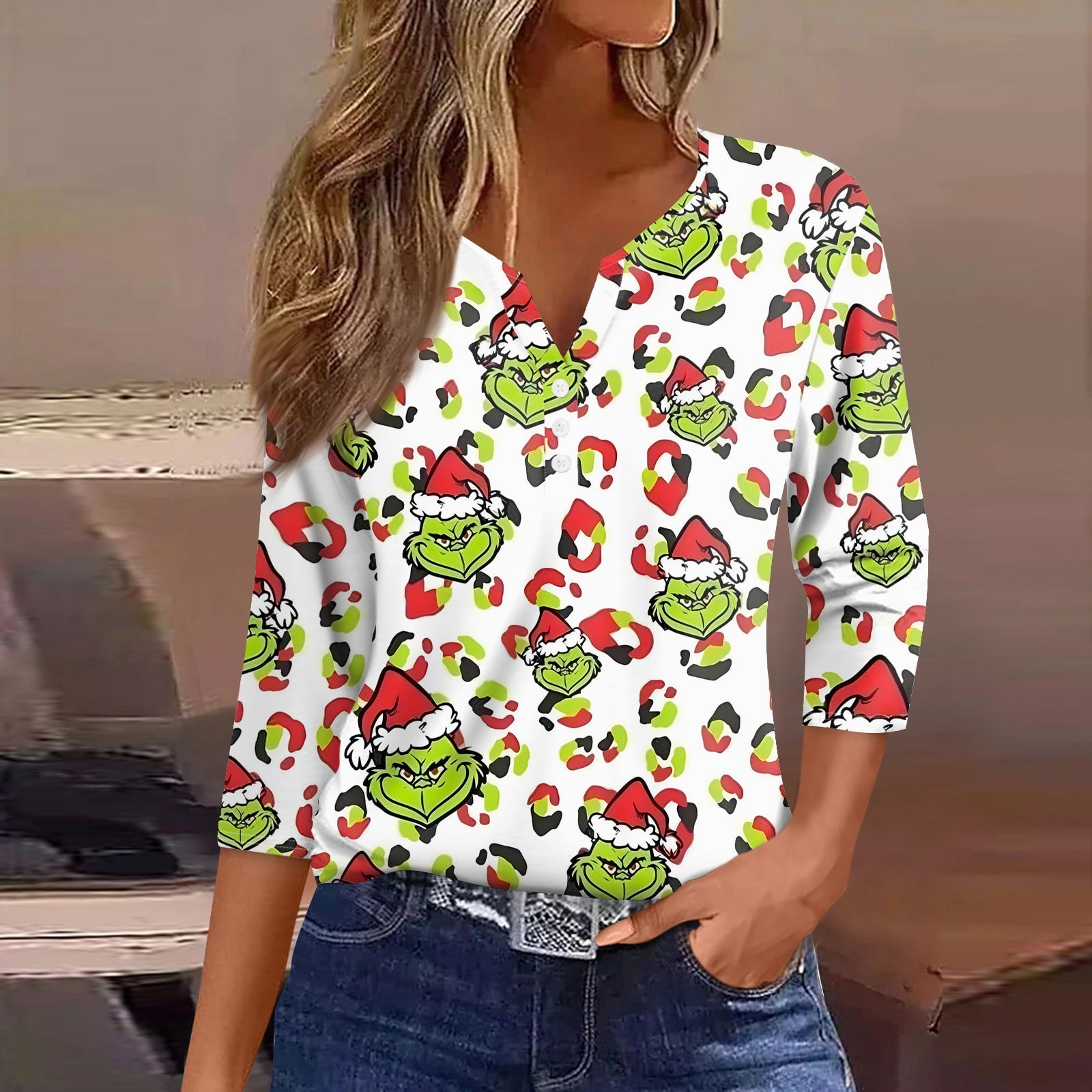 Grinch 3/4 Length Sleeve Womens Tops,Womens 3/4 Sleeve Tops and Blouses ...