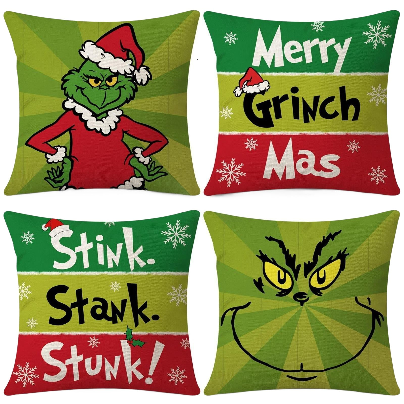 Grinch 4Pcs Christmas Throw Pillow Covers, 18X18 Inch Linen Decorative ...
