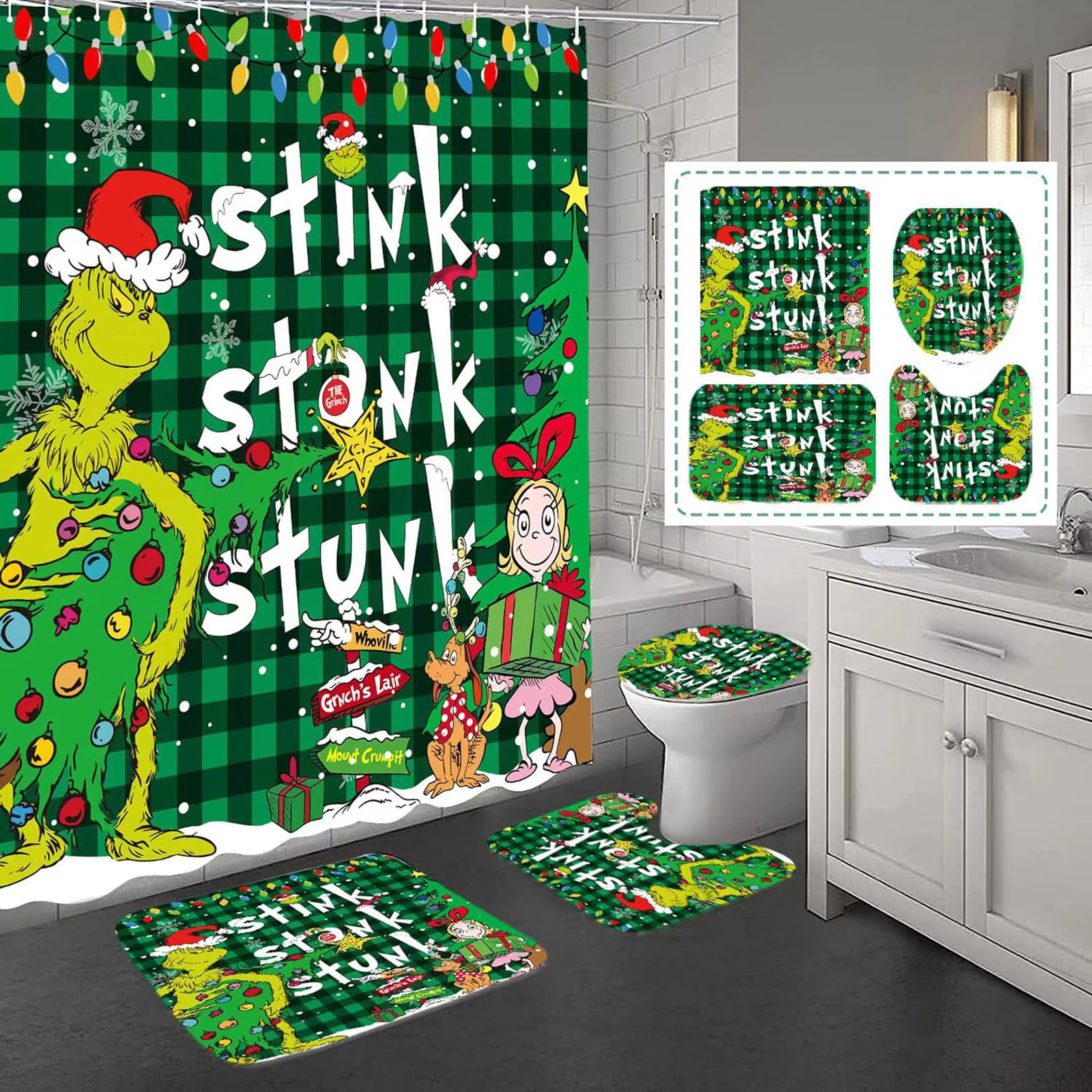 Grinch Bathroom Sets 4PCS, Grinch Shower Curtain Sets Christmas ...