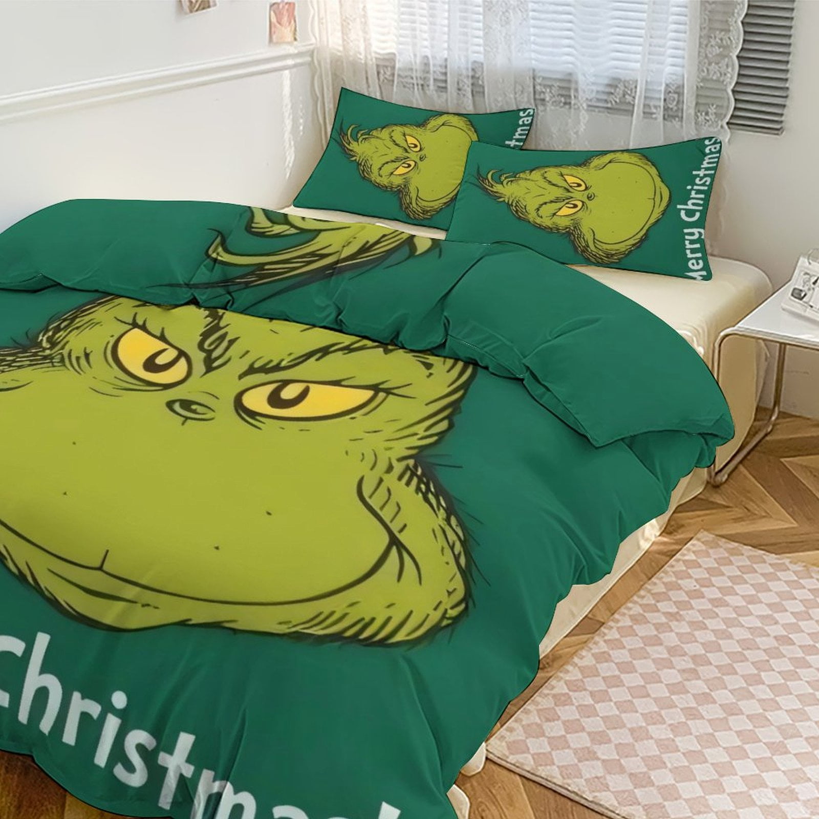 Grinch Cartoon Sheet Set 3 Piece Bedding Set Cute Christmas Bedroom ...