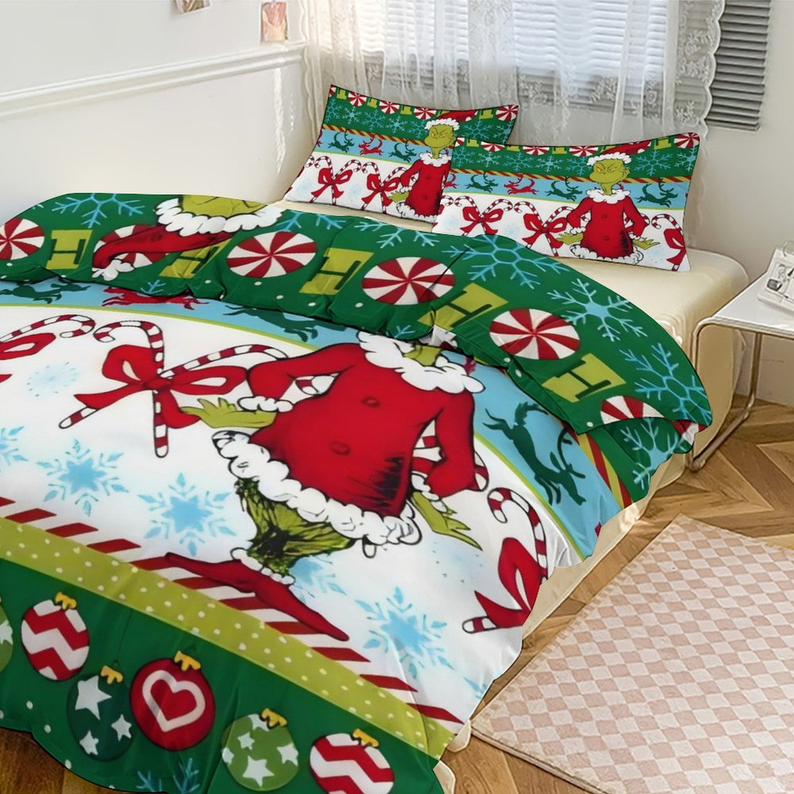 Grinch Cartoon Sheet Set 3 Piece Bedding Set Cute Christmas Bedroom ...