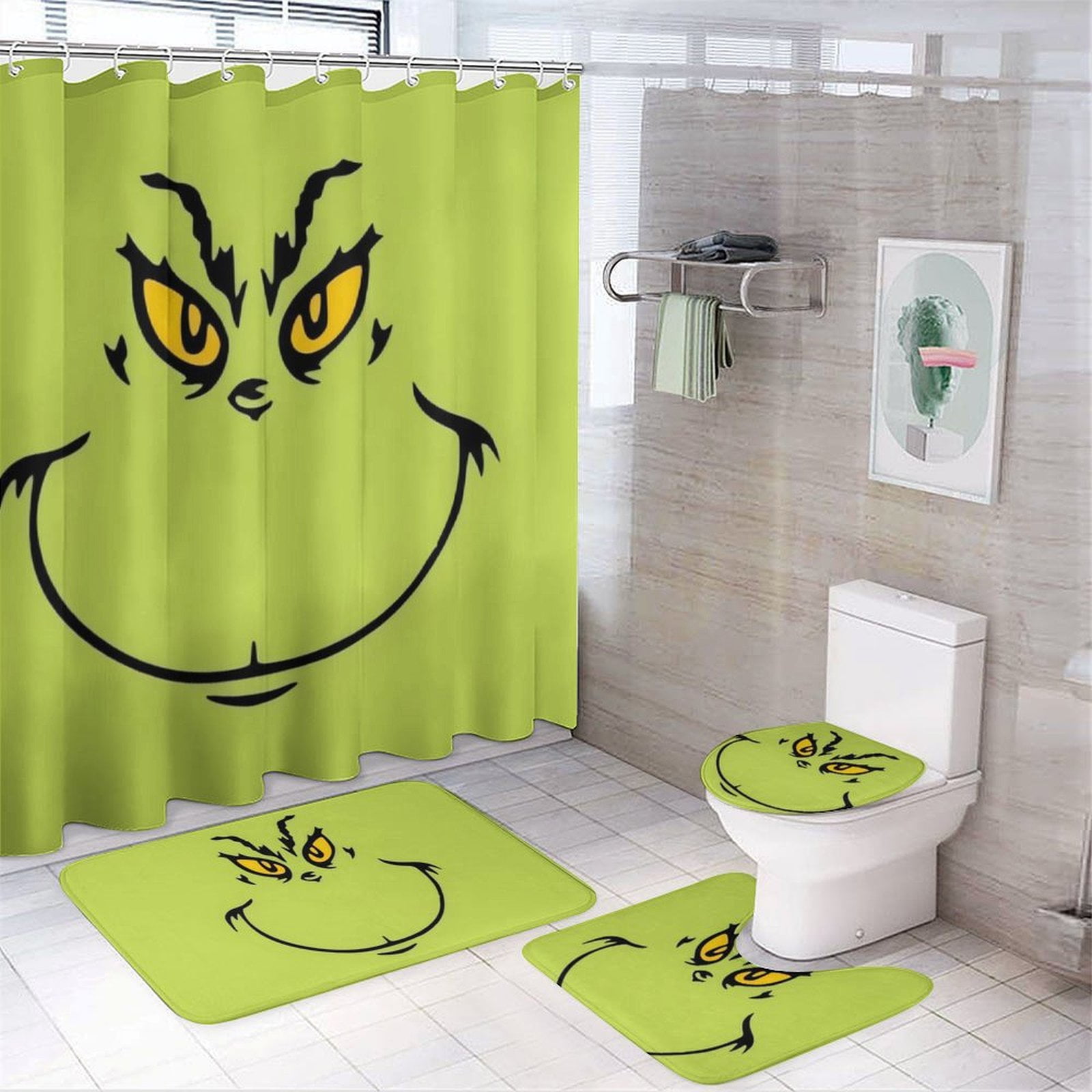 Grinch Christmas Bathroom Shower Curtain Set (With 12 Hooks and Non ...
