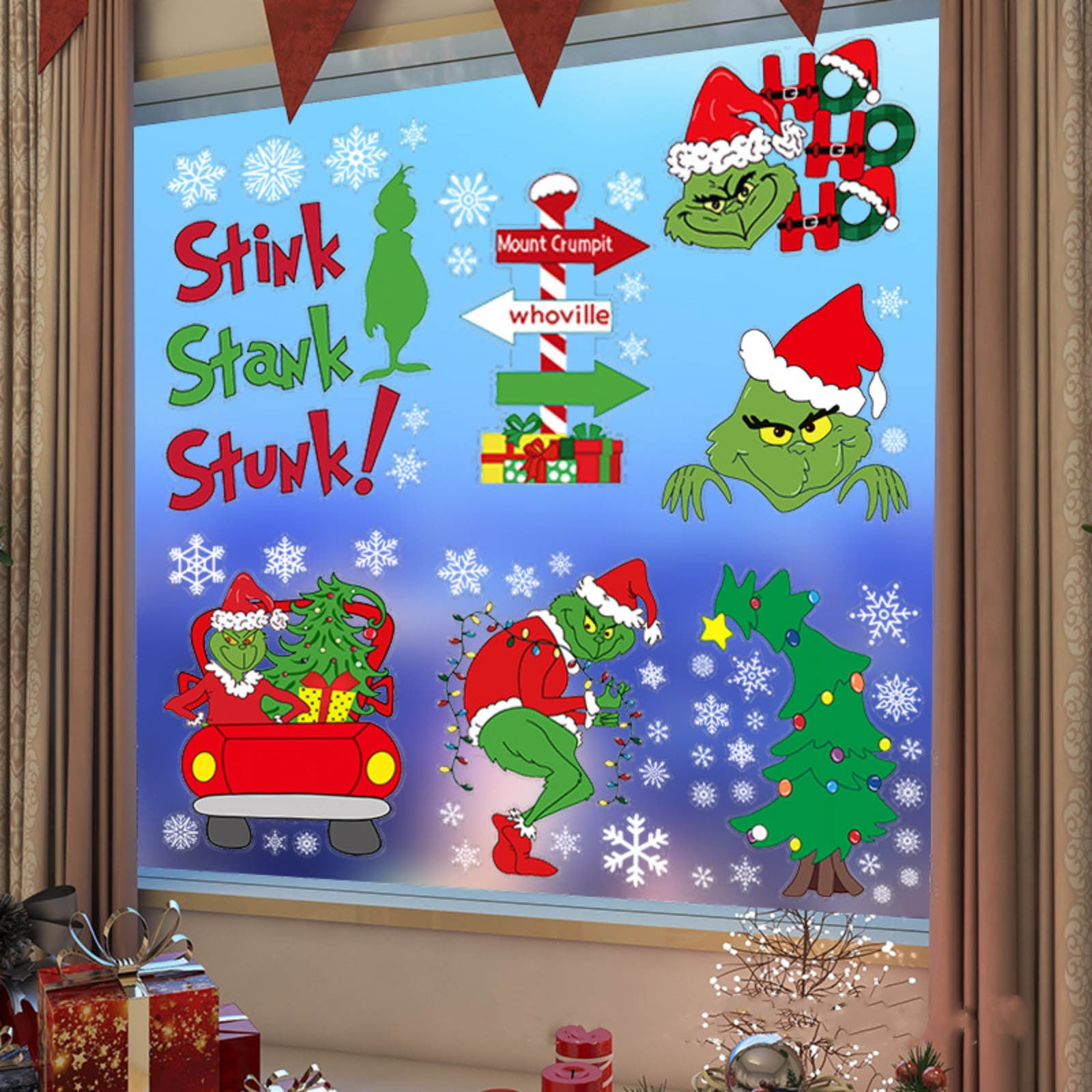 Grinch Christmas Electrostatic Window Stickers, Detachable With Classic ...