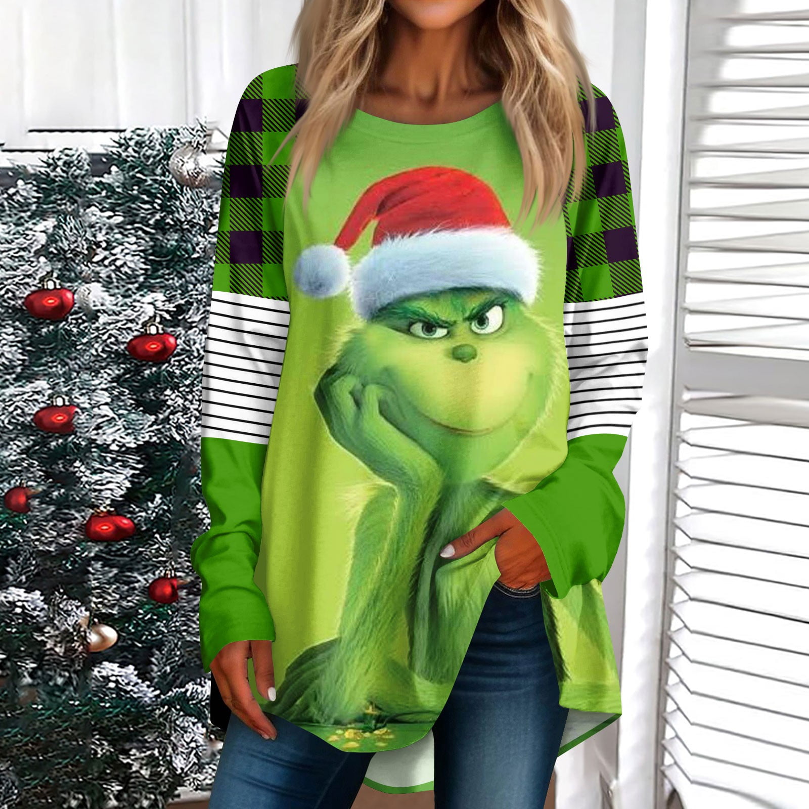 Grinch Christmas Fashion Grinch Print Long Sleeve Blouses for Women ...