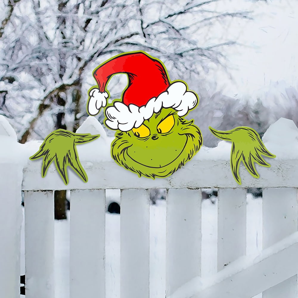 Grinch Christmas Outdoor Fence Peeker Decoration, Santa Claus Peeking ...
