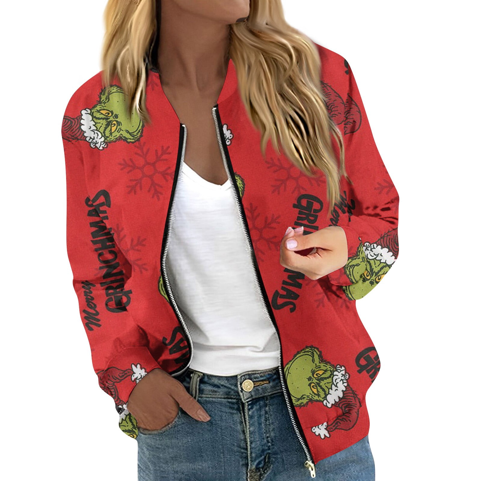 Grinch Christmas Santa Jacket Novelty Grinch Women Long Sleeve Zipper ...
