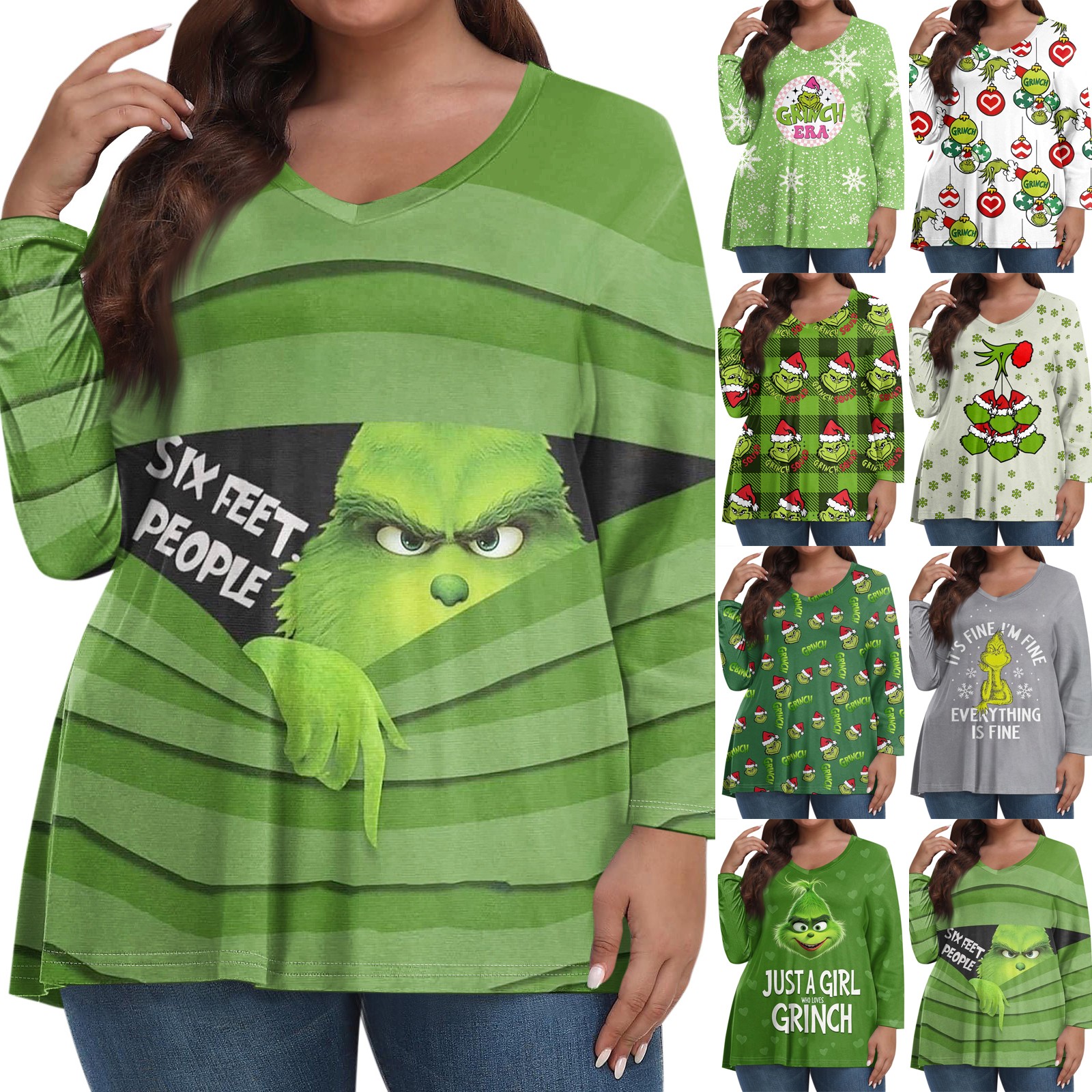 Grinch Christmas Tops - Matching Pjs Womens Plus Size Tops Long Sleeve ...