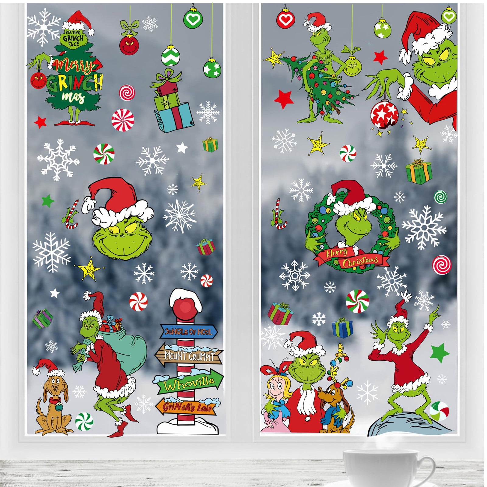 Grinch Christmas Window Stickers 99 PCS Christmas Static Window Glass ...