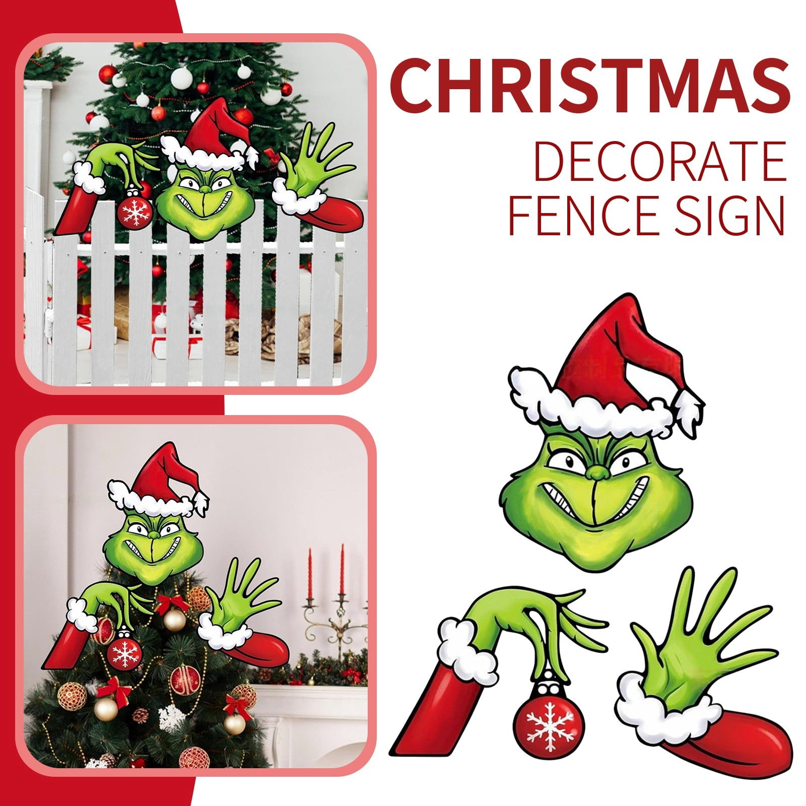 Grinch Fence Peeker 4PCS, Grinch Peeking Over Fence Grinch Christmas ...