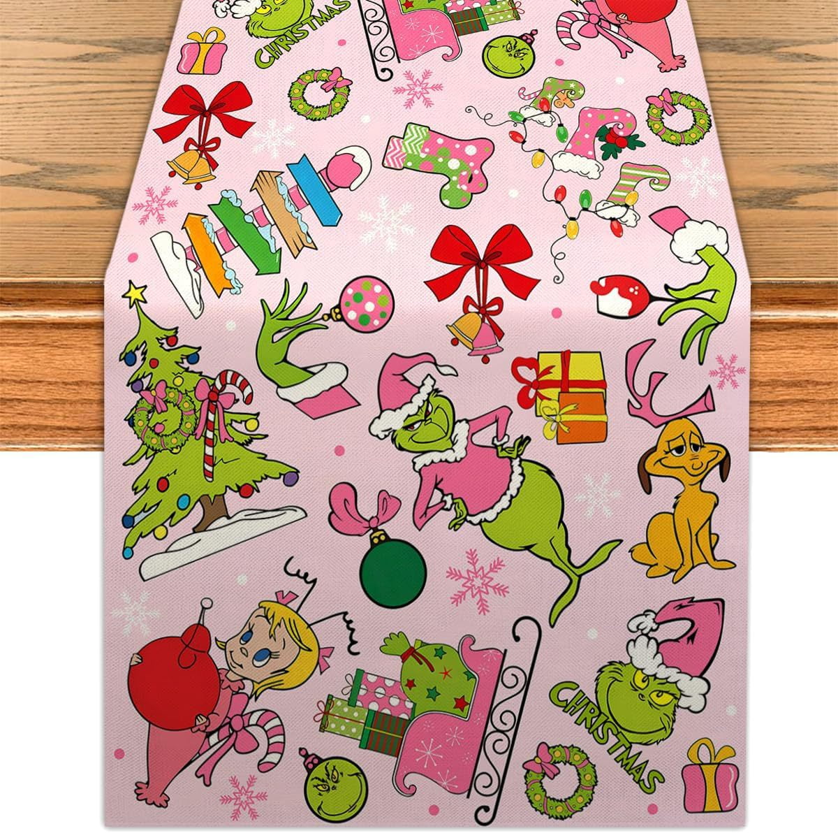 Grinch Linen Table Runner,Christmas Themed Table Decor with Multiple ...