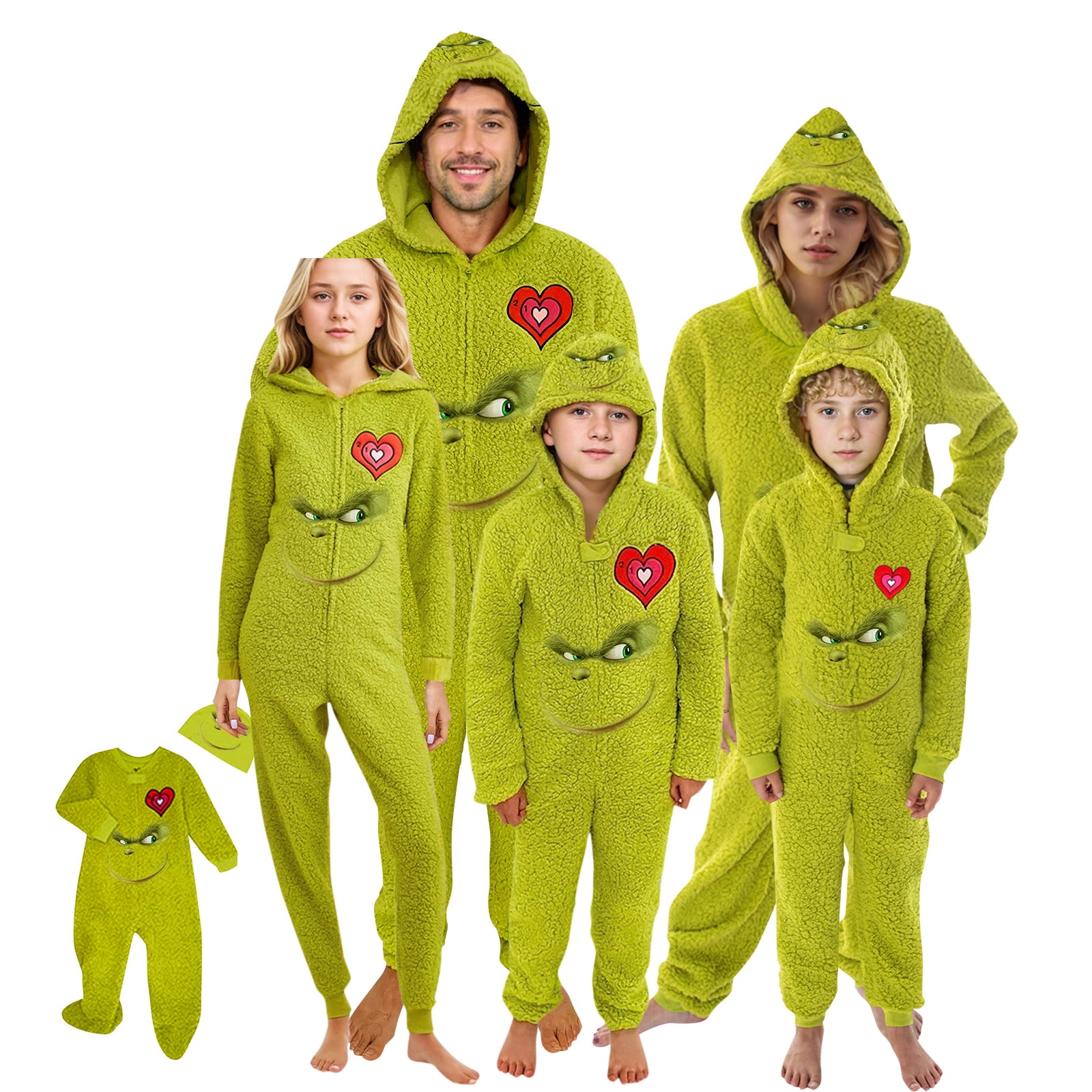 Grinch Matching Holiday Pajamas Hooded Long Sleeved Zippered Jumpsuit ...