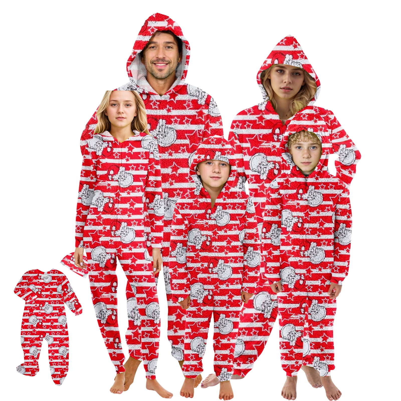 Grinch Matching Holiday Pajamas Hooded Long Sleeved Zippered Jumpsuit ...