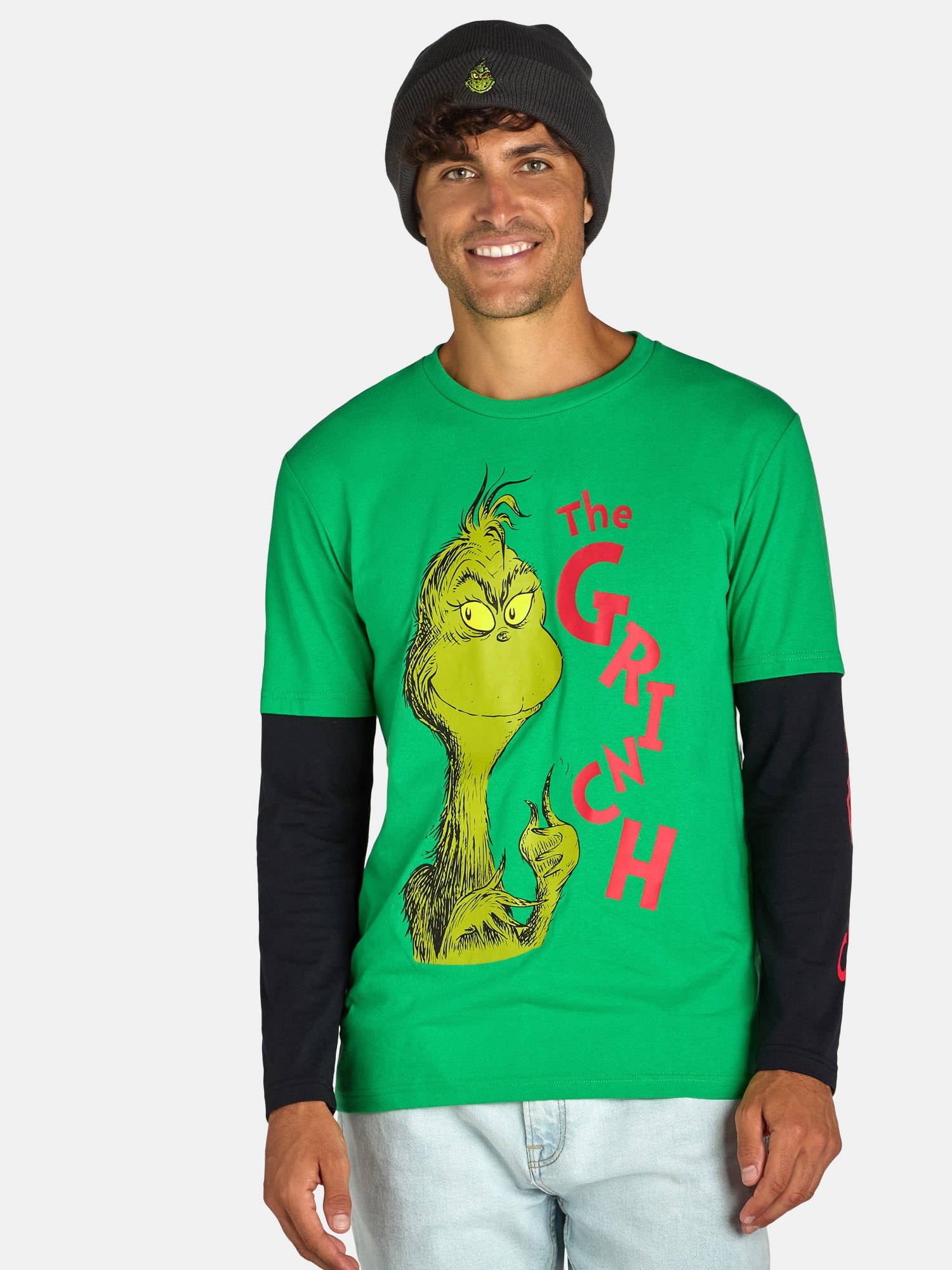 Grinch, Men's & Big Men's Long Sleeve Graphic Tee Shirt and Beanie Hat ...