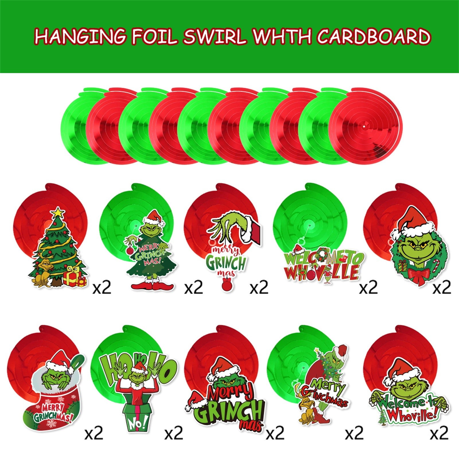 Grinch Ornaments Festive Hanging Foil Swirl Decorations With Cardboard ...