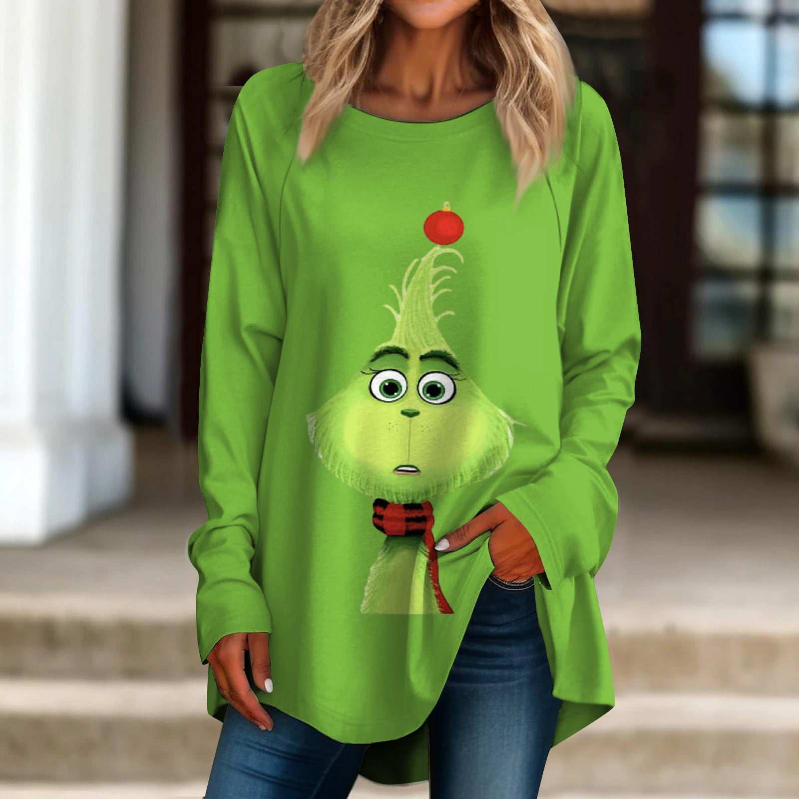 Grinch Outfit Women's Casual Plus SizeLong Sleeved Round Neck Christmas ...