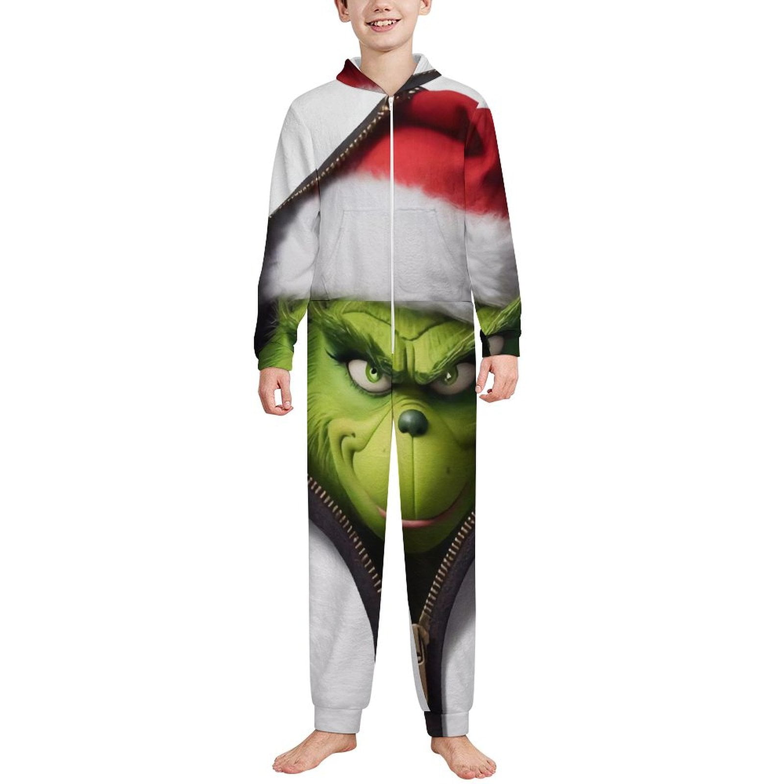Grinch Pajamas Girls Boys Flannel Onesie Animal One-Piece Loungewear Kids Zip-Front Hooded ...