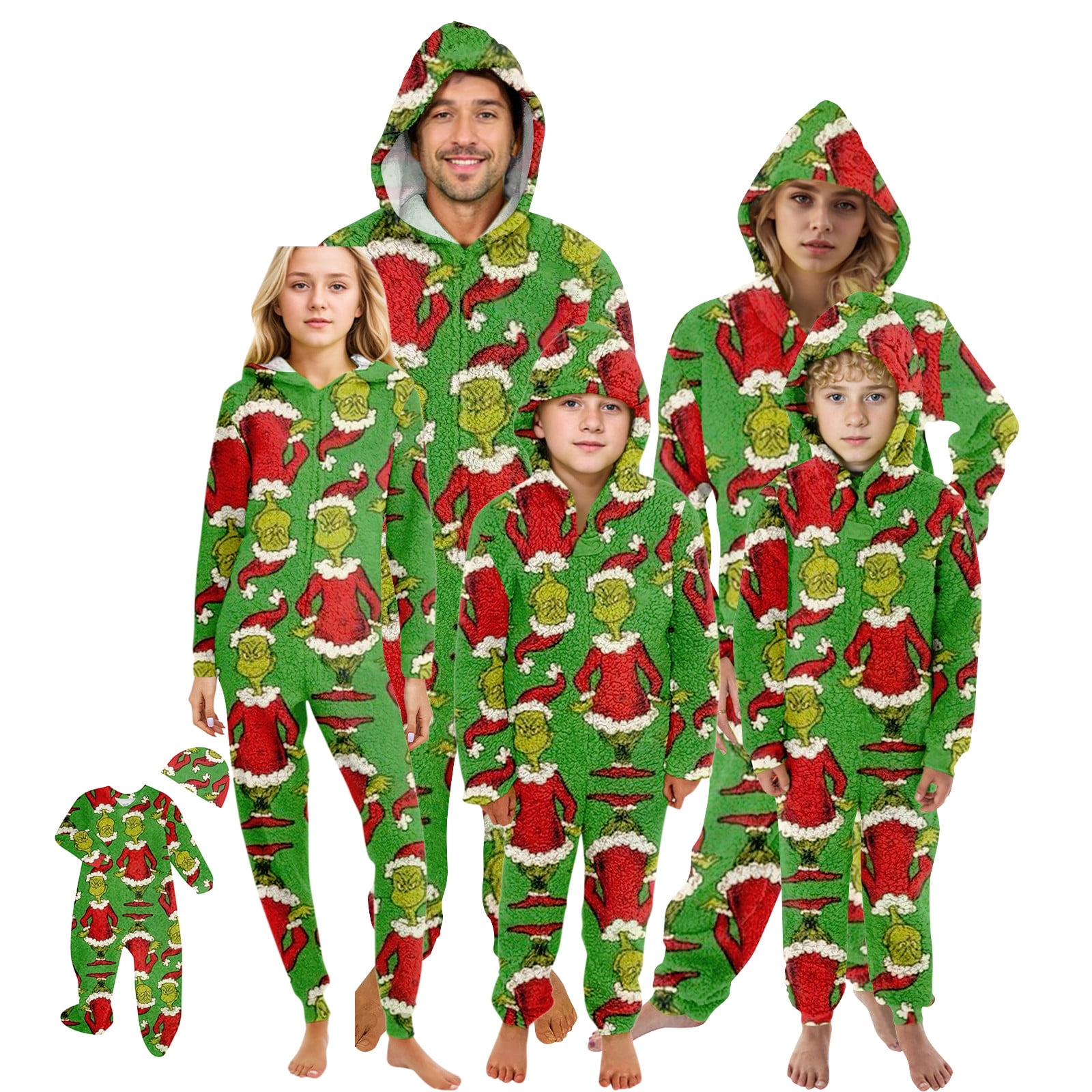 Grinch Pajamas Hooded Long Sleeved Zippered Jumpsuit Set Elegant Grinch ...