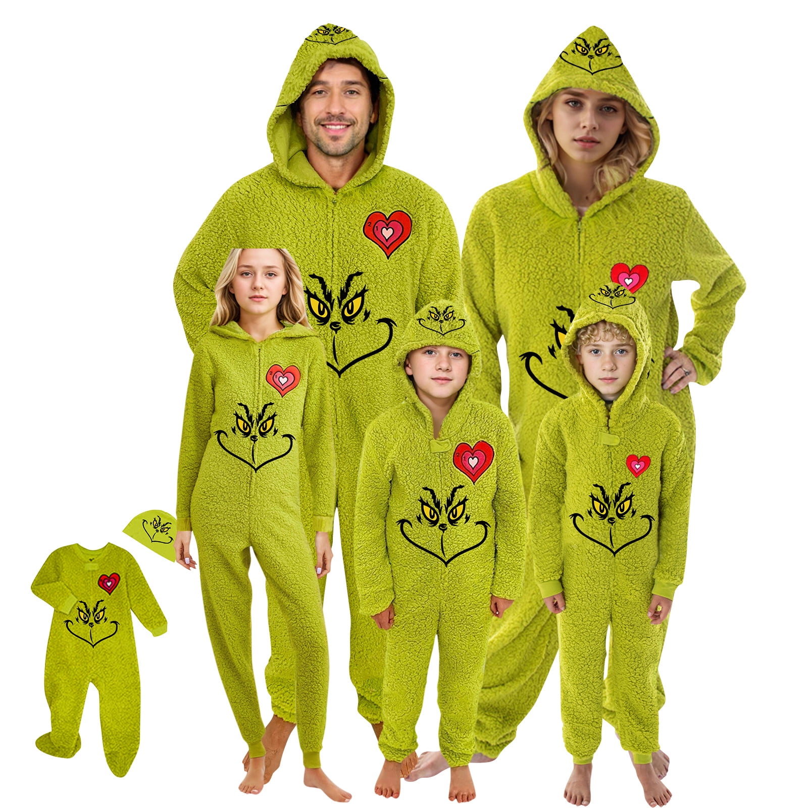 Grinch Pajamas Hooded Long Sleeved Zippered Jumpsuit Set Furry Grinch ...