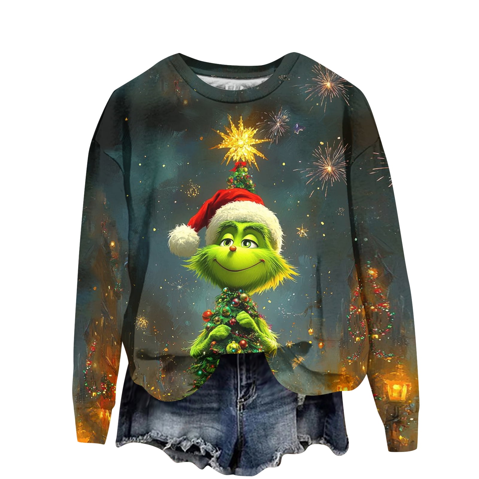 Grinch Sweatshirt Long Sleeve Pullover with Cartoon Santa Print ...