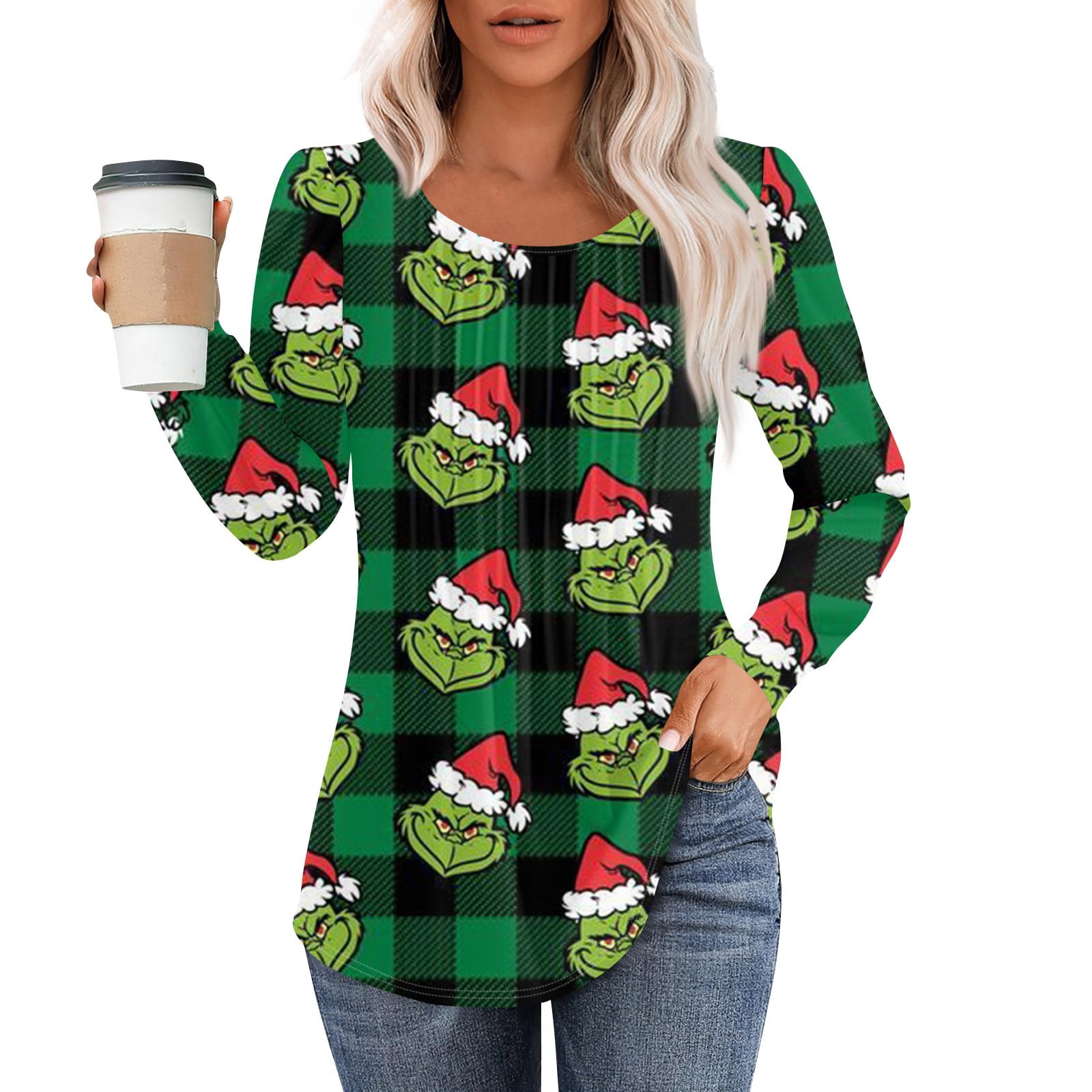 Grinch Women's Christmas Long Sleeve Tunic Top Festive Red Holiday ...