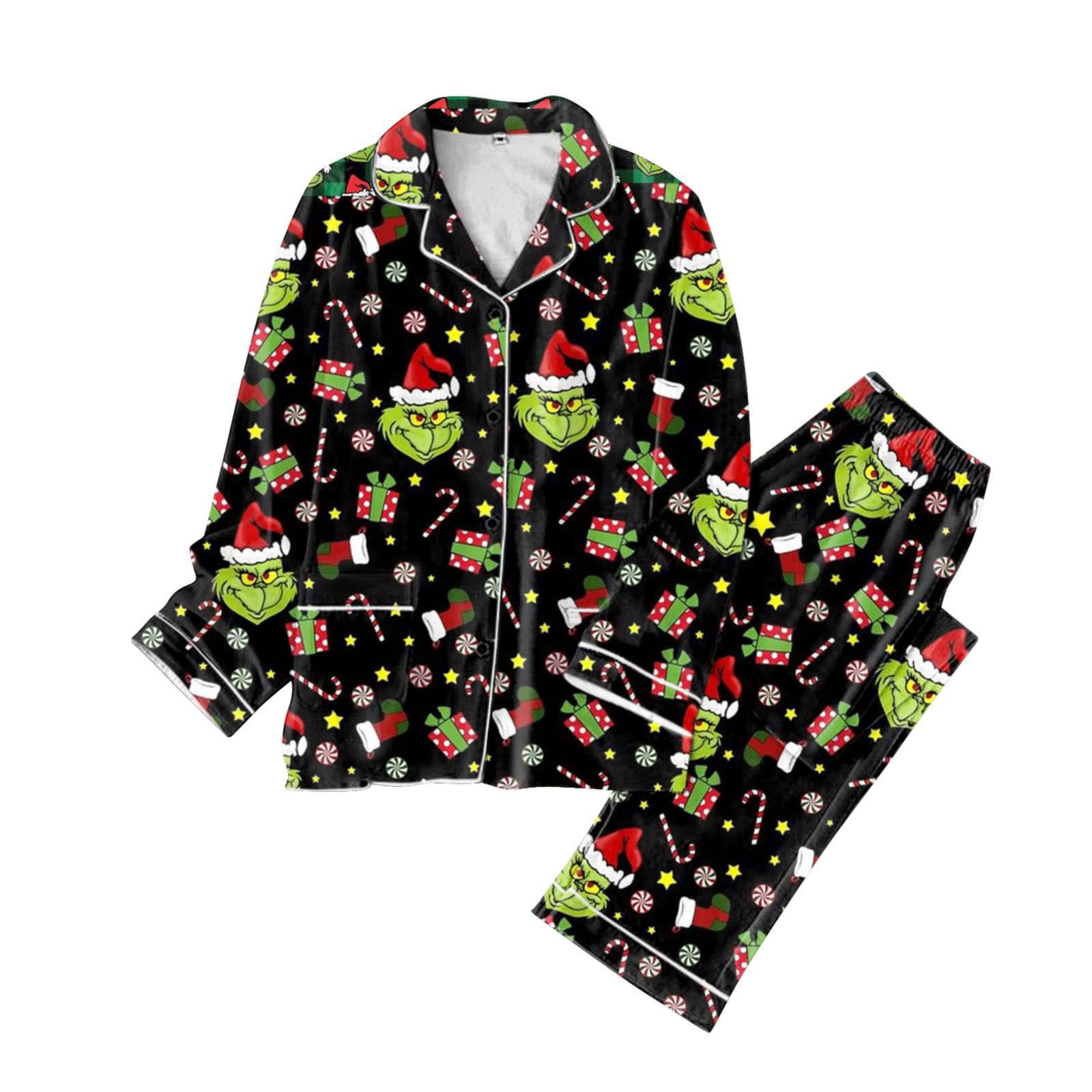 Grinch Womens Christmas Pajamas 2PCS Sets Casual Cozy Button Up Top ...