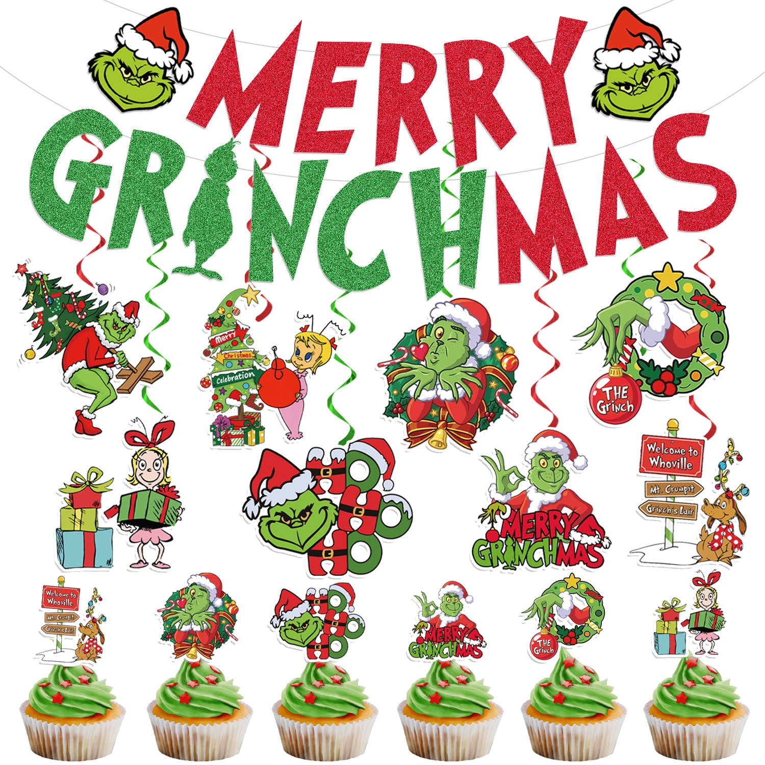 Grinch merry xmas and toppers decoration party theme banner for wall ...