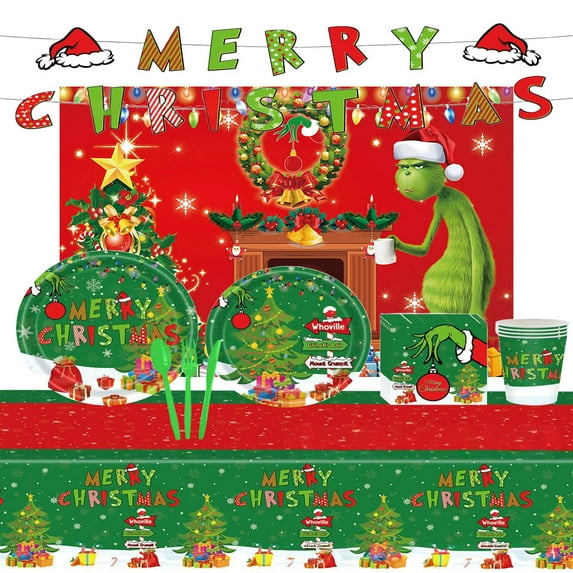 Grinch party supplies and gifts include banners, backdrops, tableware, and tablecloths for ...