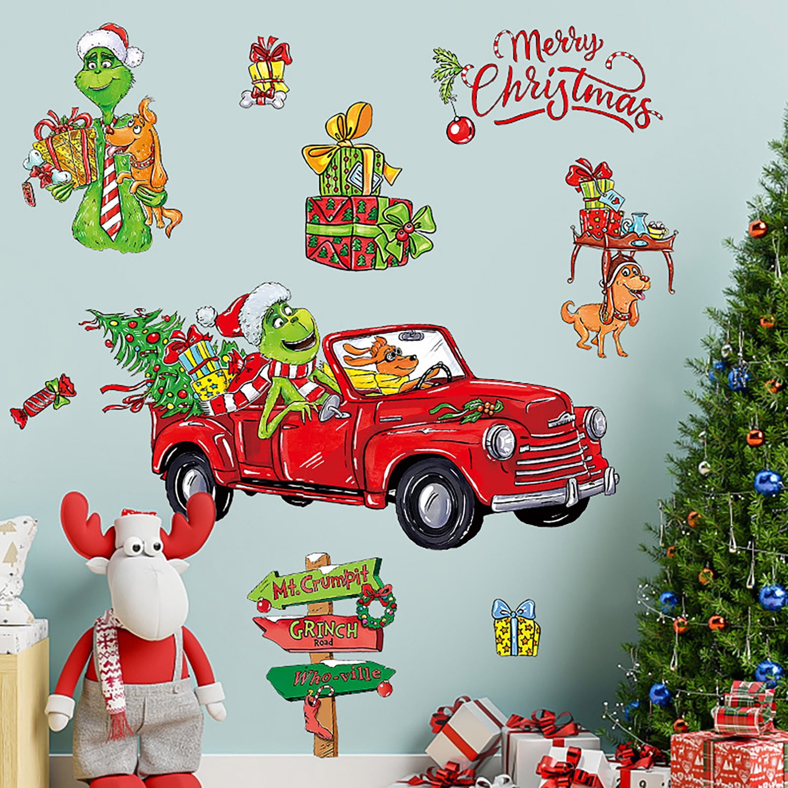 Grinchmas Xmas Window Clings, 17 Pcs Self-Adhesive Festive Decals On 2 ...