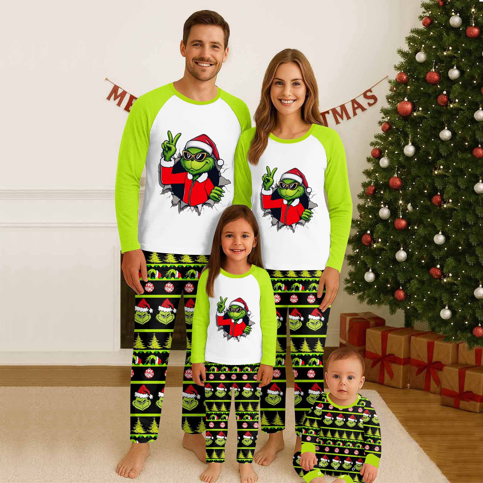 Grinnchy Matching Family Christmas Pajamas Sets, Cartoon Grinchy Theme ...