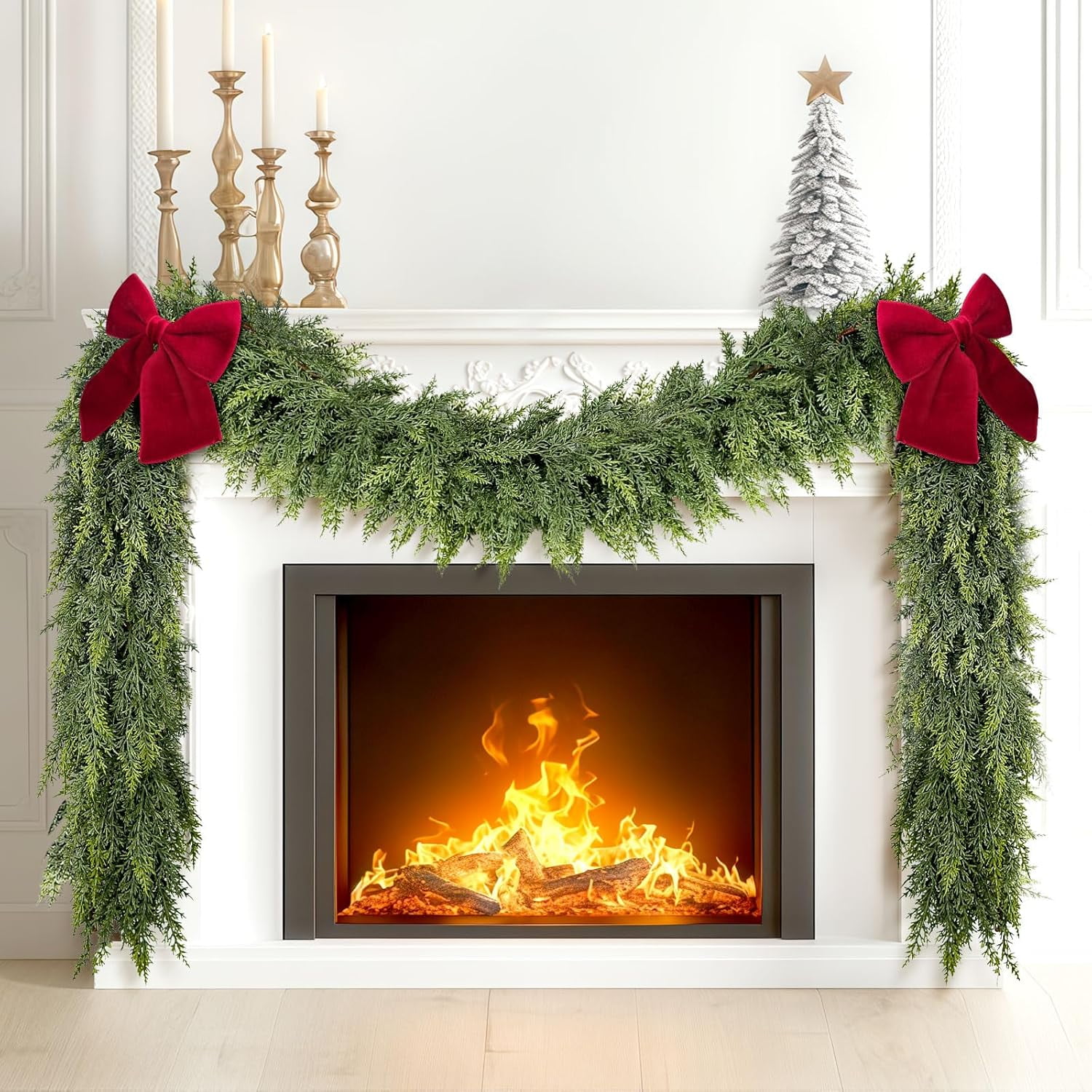 Grinzy 6FT Christmas Cedar Garland with 2 Red Bow, Realistic Soft Faux ...