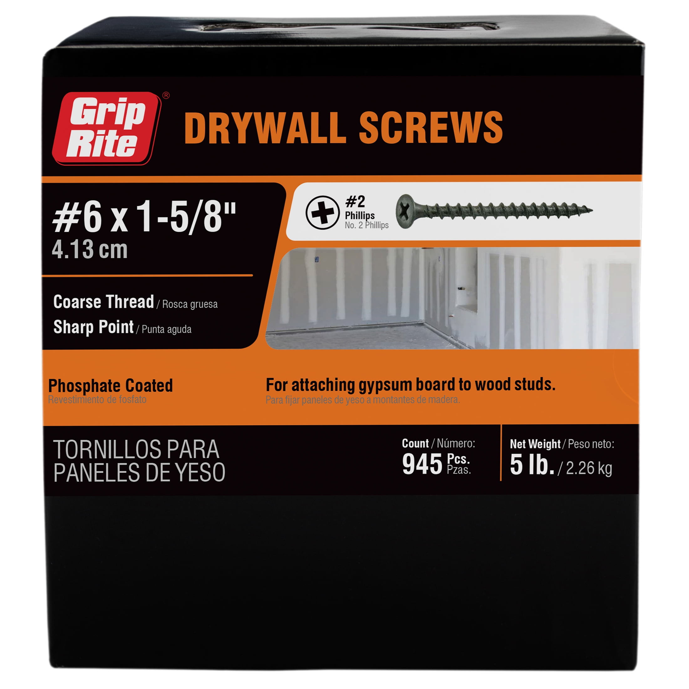 Griprite Drywall Screws #6 x 1-5/8 in Phillips Bugle Head Coarse Thread ...