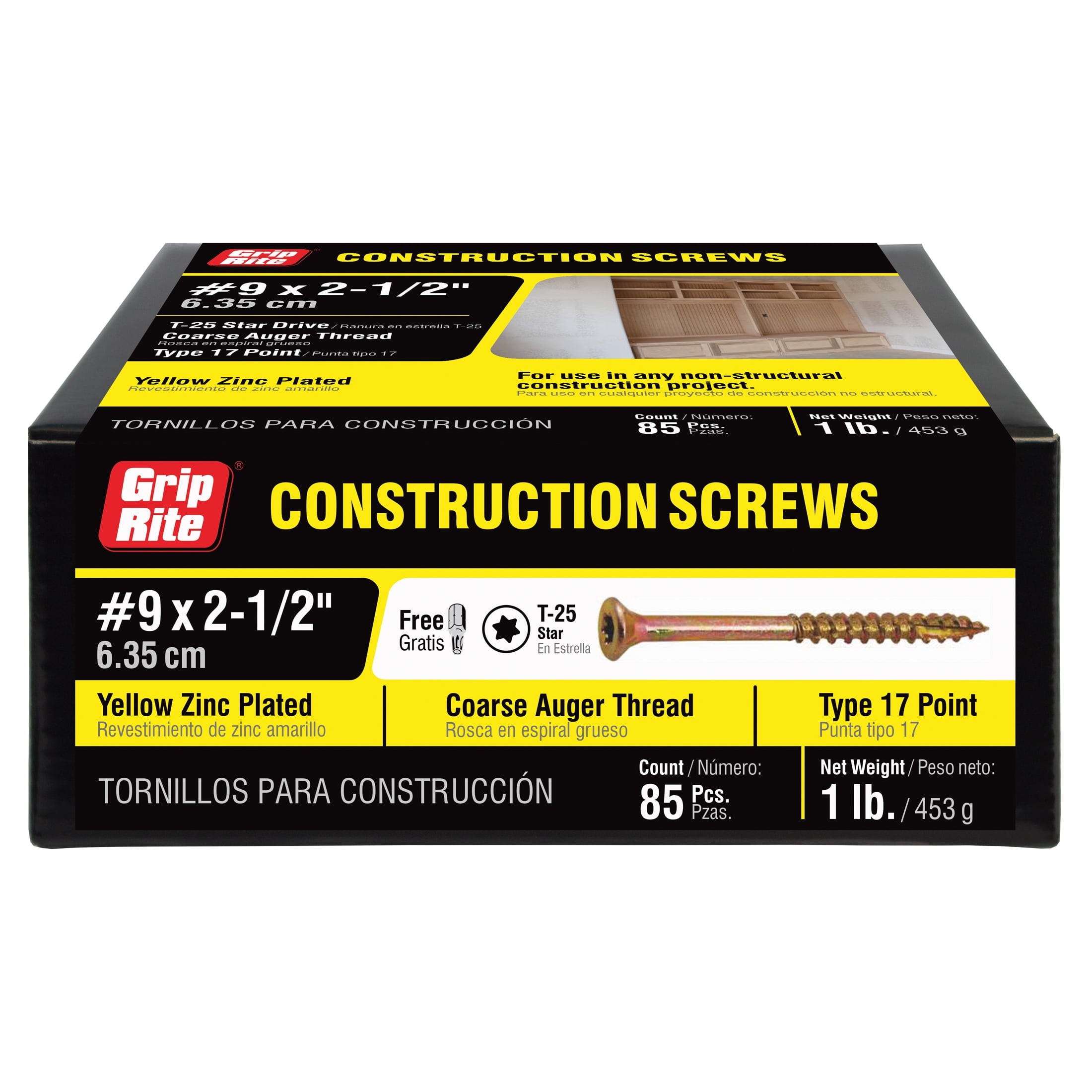 Griprite Star Drive Gold Construction Wood Screw 9 x 2-1/2 inch, #9, 1 lb - Walmart.com