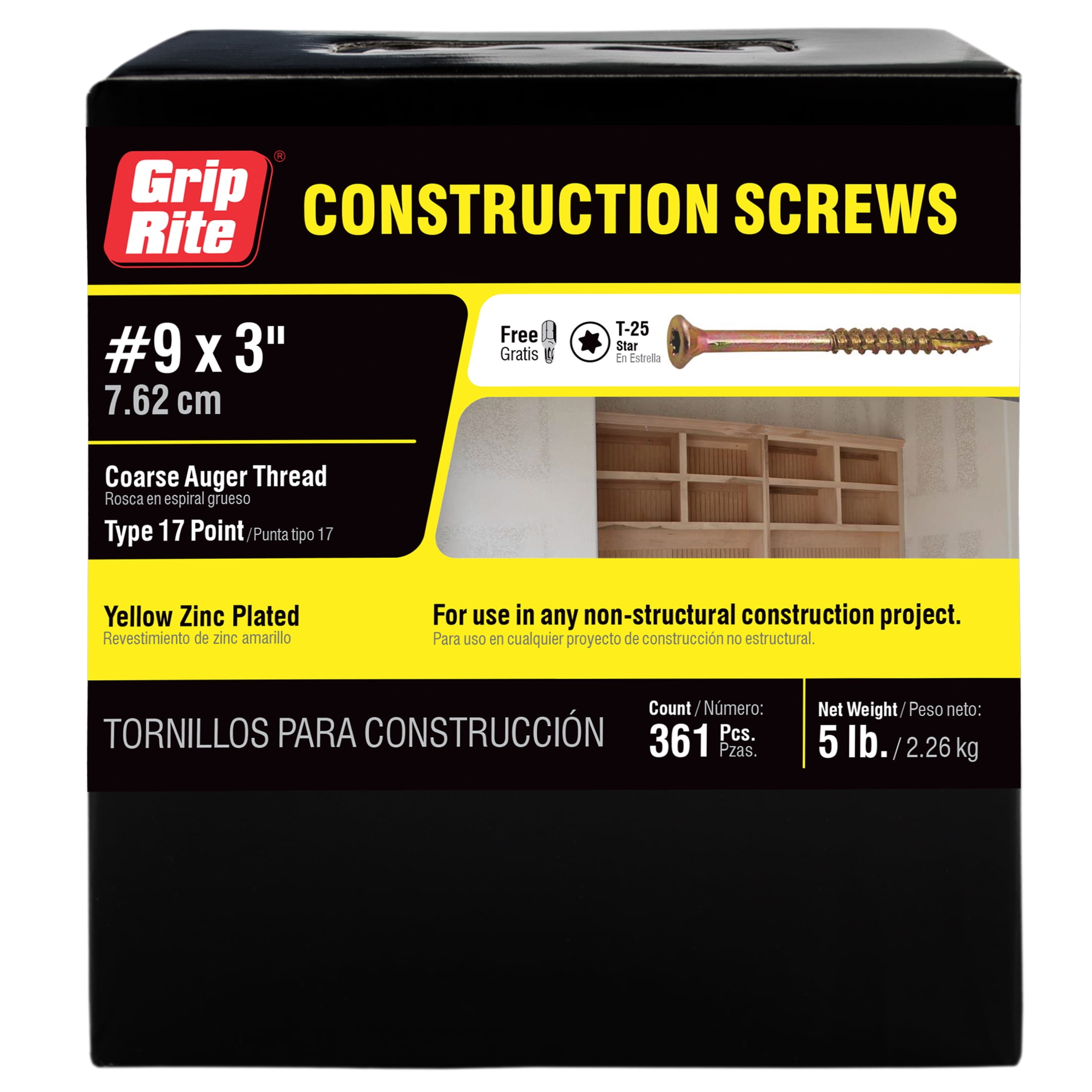Griprite Gold Construction Wood Screws #9 X 3 in Star Drive for Wood ...