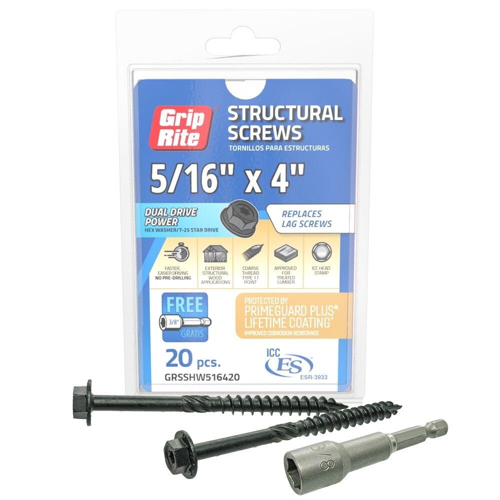 Grip-Rite GRSSHW516420 5/16" x 4" Structural Screw Dual Drive Power Hex ...