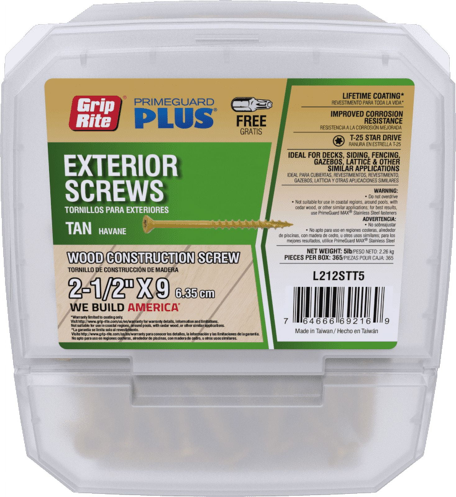 Grip-Rite Prime Guard Plus #9 x 2-1/2 in. Tan Wood to Wood Deck Screw 5 ...