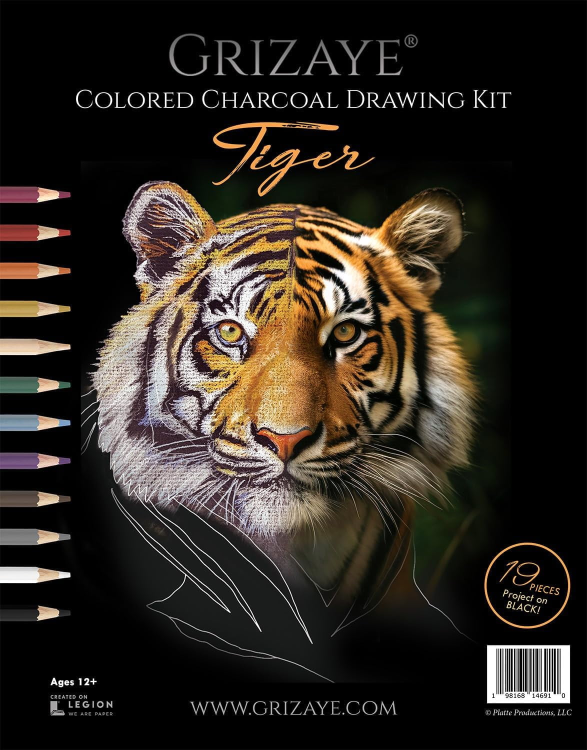 Grizaye Charcoal Tiger Drawing Kit | Learn to Draw with Art Lessons, Set of 12 Colored Charcoal ...