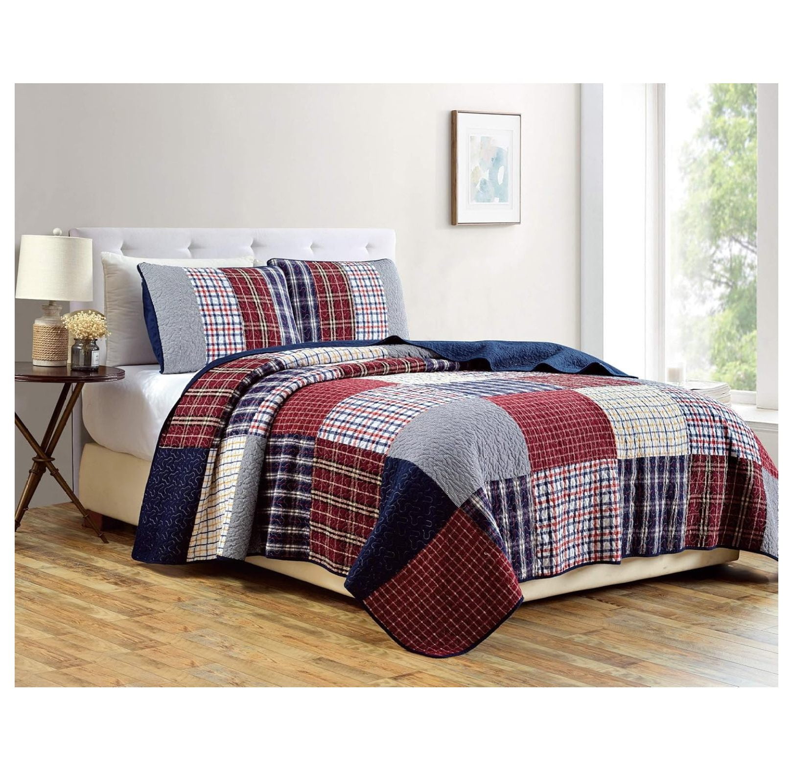 Grizzly 3-Piece Plaid Checkered Patchwork Quilted 100% Washed Cotton Reversible Bedspread Quilt ...