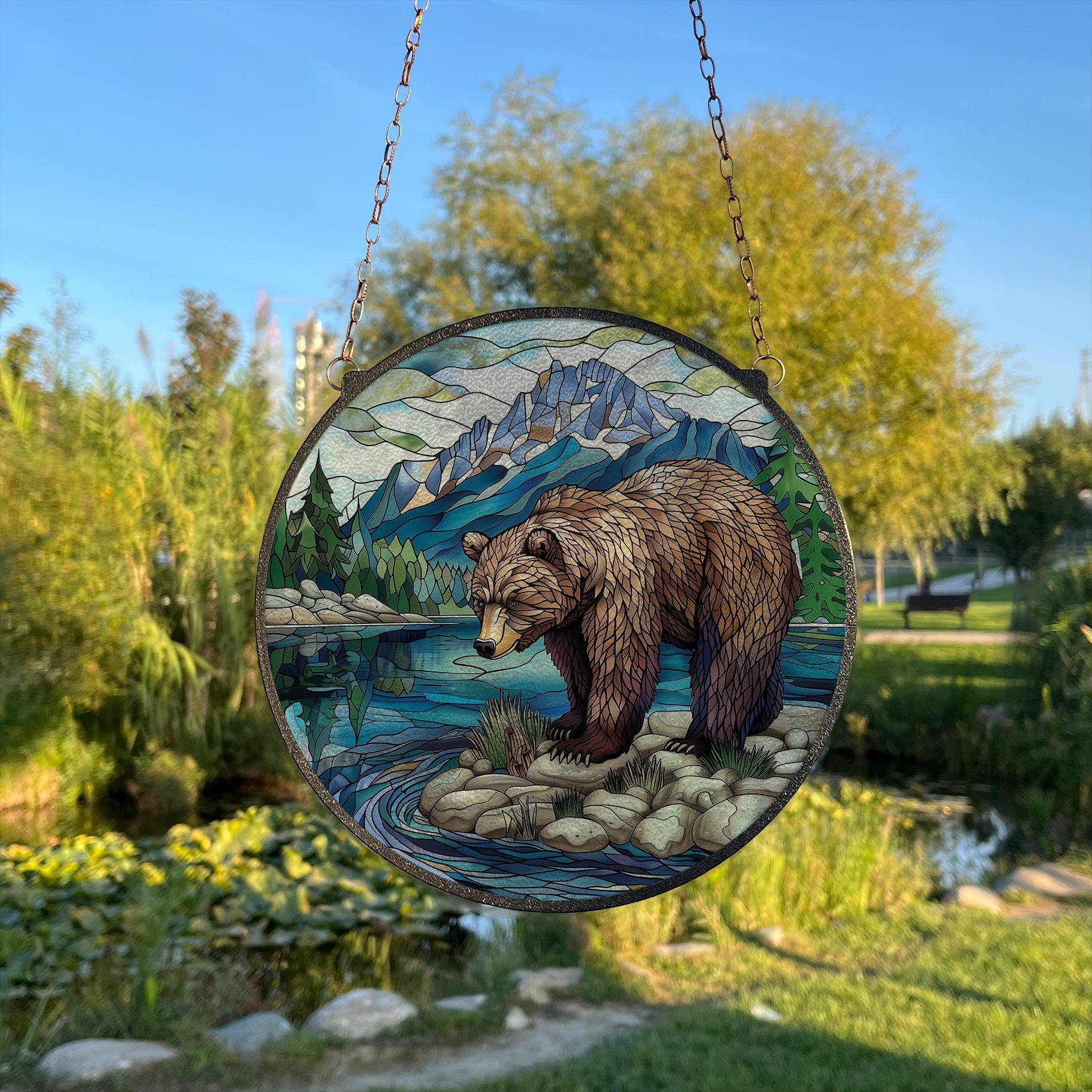 Grizzly Bear Stained Glass Style Wall and Window Decoration, Sun Catcher Wall Art, Indoor Decor ...