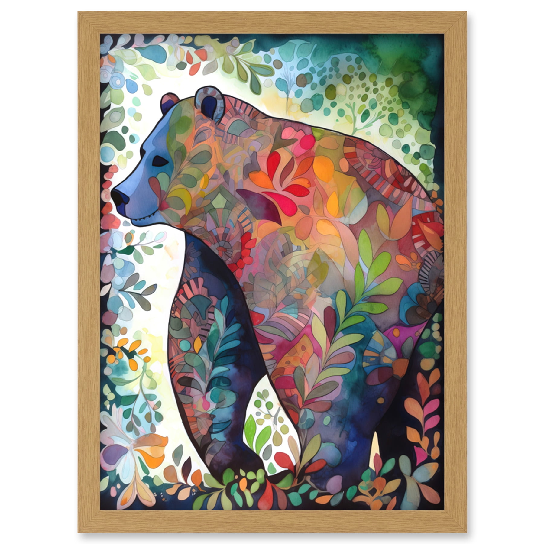Grizzly Bear With Botanical Patterns Folk Art Watercolour Painting ...