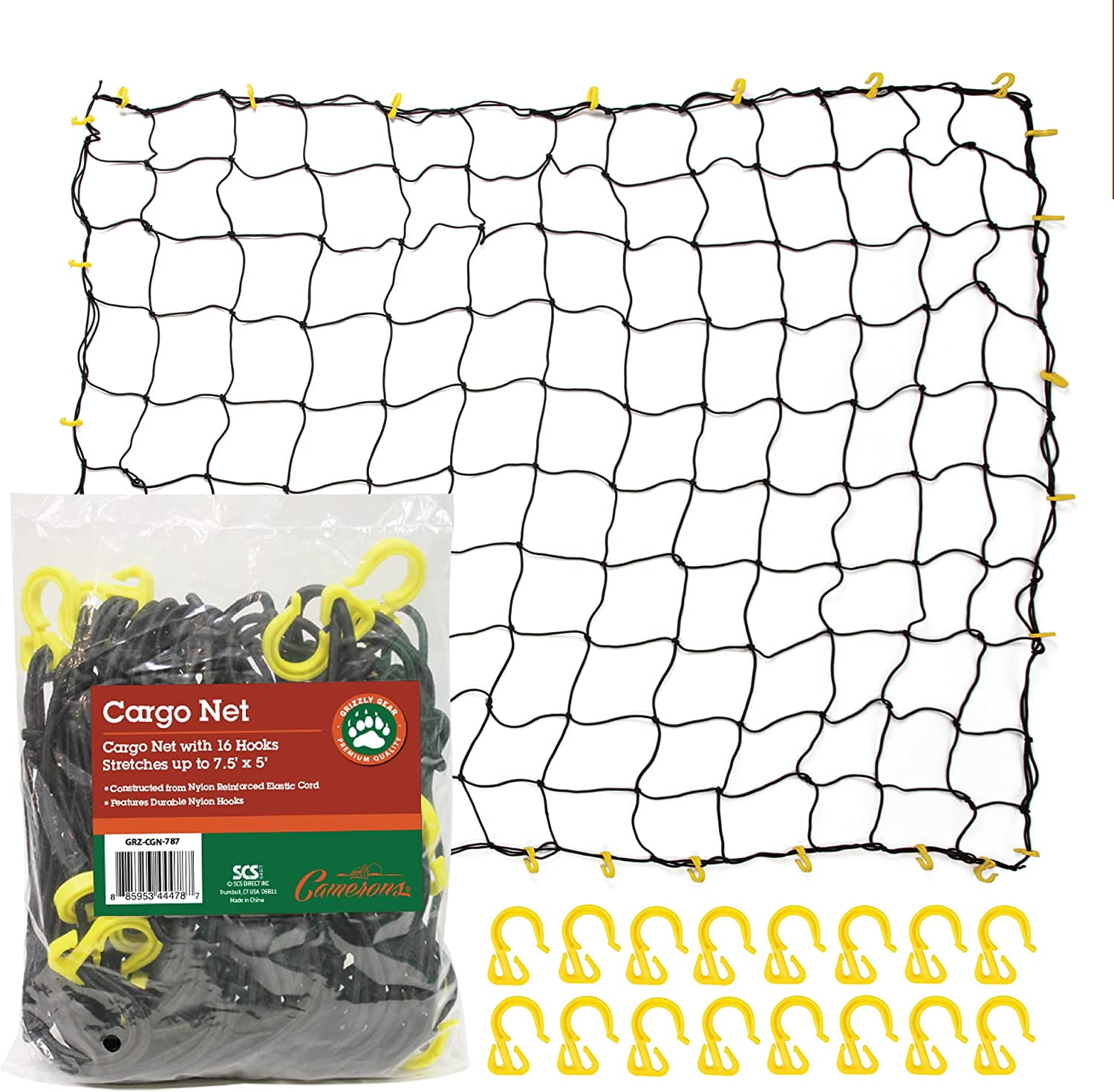 Grizzly Gear Large Bungee Cargo Net w 16 Durable Nylon Hooks -7" Mesh ...