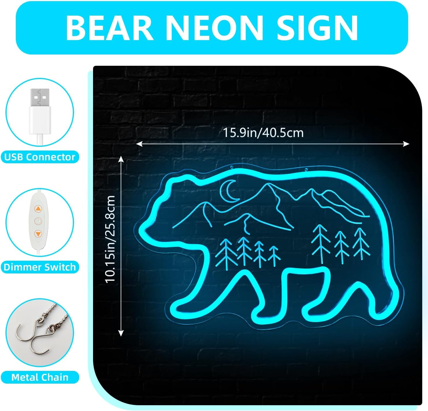 Grizzly Neon Sign - Mountain LED Light for Bedroom, Office, Living Room ...