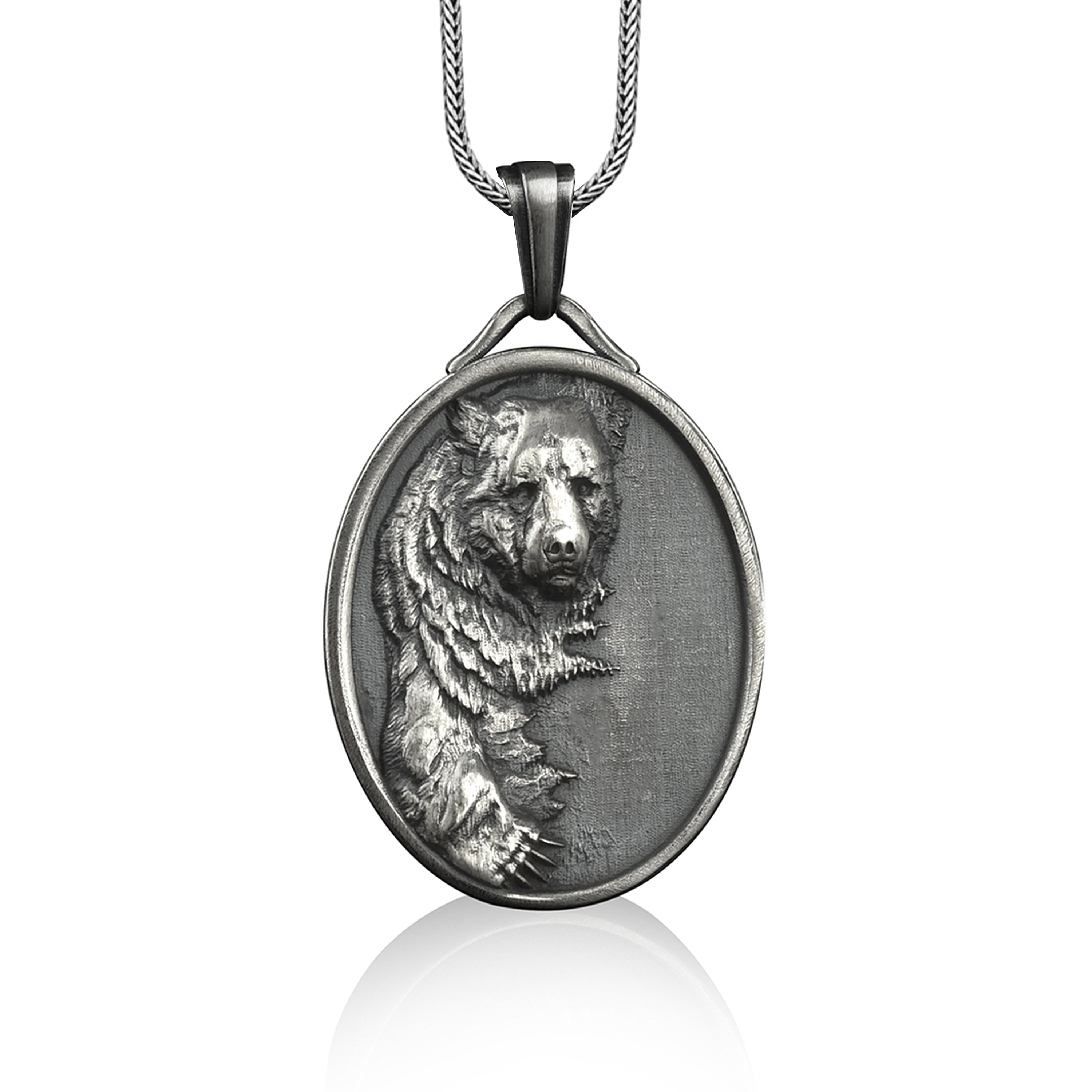 Grizzly bear oval medal necklace in silver, Personalized animal ...